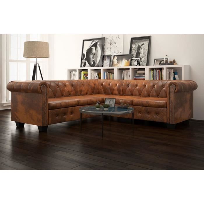 WORD Design Canapé d'angle Chesterfield 5 plcs Cuir artificiel Marron ...