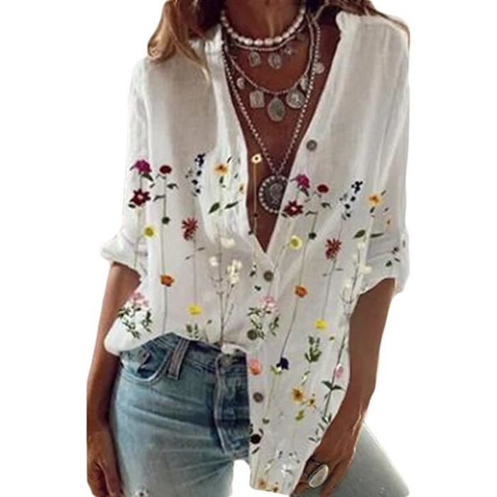 Chemise Tunique Femme - CHEMISETTE - Longue - Col V - Imprimé Floral ...