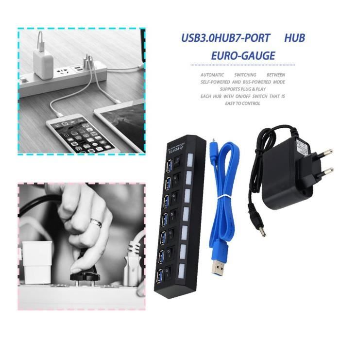 Hub USB 3.0 à 7 ports ABS avec interrupteur marche - arrêt Adaptateur ...