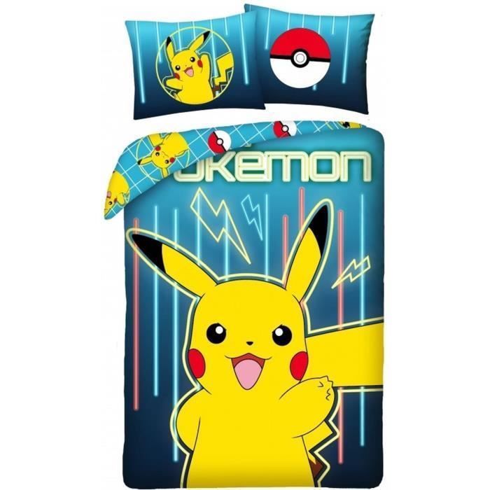 Pokemon - Parure de lit coton Enfant Pikachu Neon Lit 1 place, Housse ...