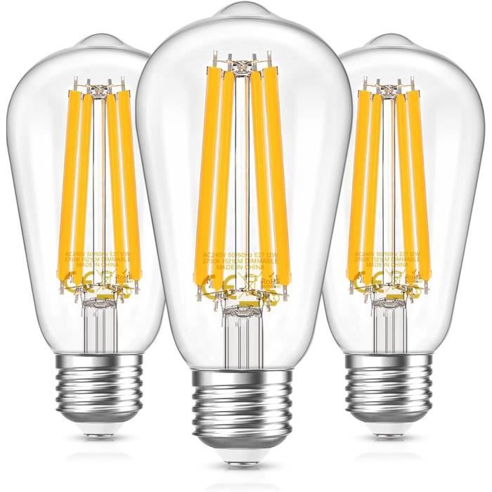 Lot De 3 Ampoules Led Culot Edison À Vis E27 Variable Vintage Blanc Chaud 2700K 12 Watt ...