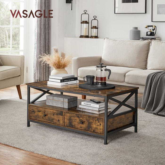 VASAGLE Table Basse, avec 2 Tiroirs et Un Compartiment Ouvert, Cadre en ...