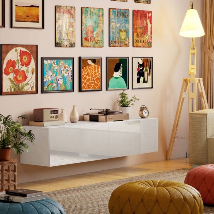 Meuble TV Murale Blanc 140cm pour Écrans Jusqu'à 65" avec Étagères de ...