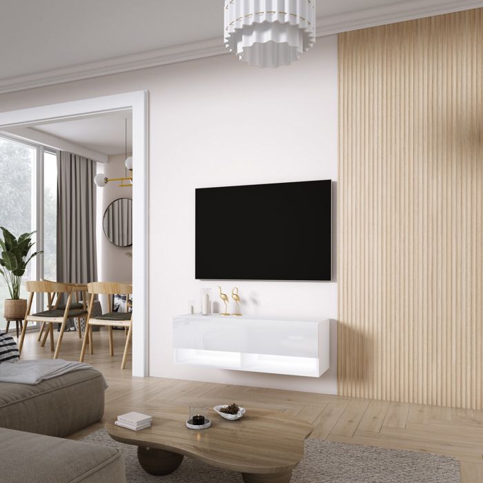 Meuble TV : Blanc Mat / Blanc Brillant, LED blanc, 100 × 32 × 34 cm ...