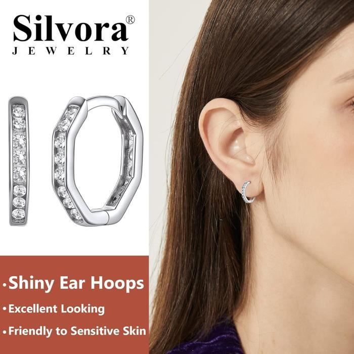 Petite Créoles Argent Femme Boucle D'Oreille Strass Zirconium Mini 925 Sterling Anneau Clou ...