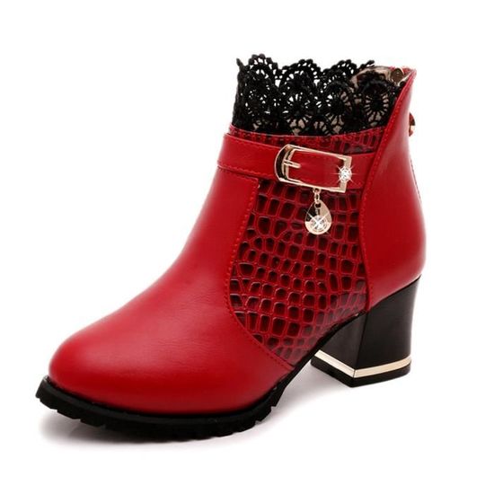 Femmes Dames Bottes Automne Hiver Vintage Cuir Cheville Dentelle Bottes ...