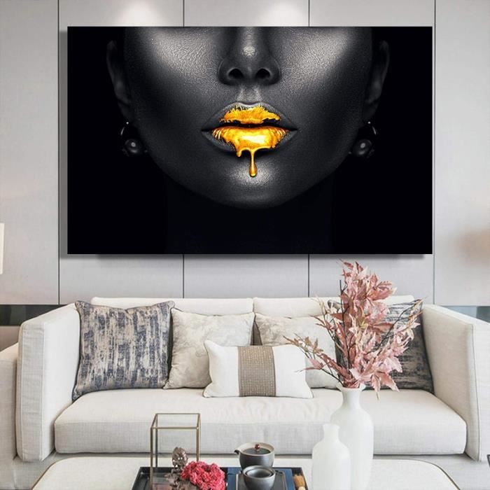 Toile De Visage De Femme Africaine Noire, Affiches Et Impressions De Lèvres Sexy Dorées, Tableau ...