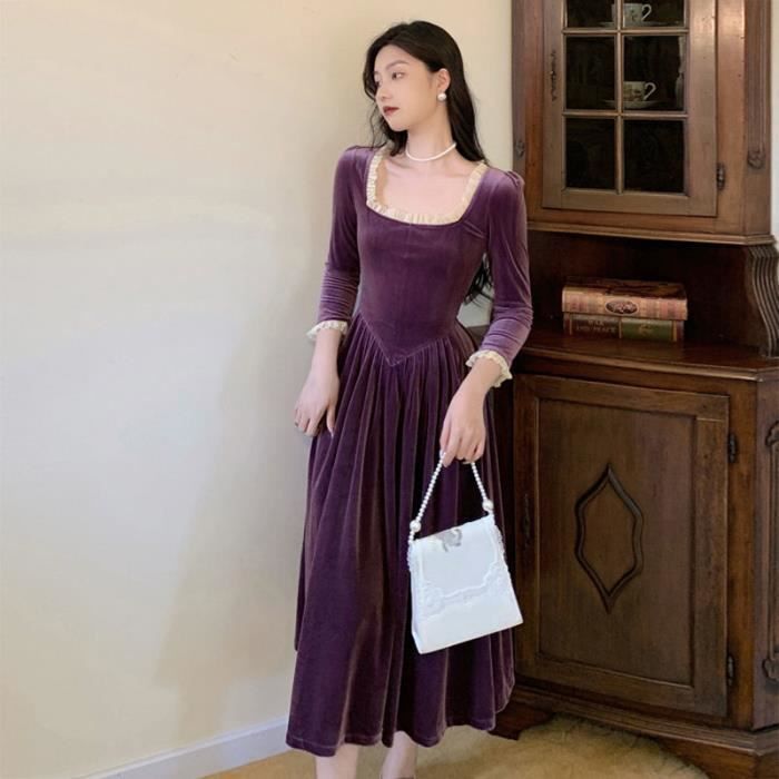 Dentelle col carré violet velours robes pour femmes Vintage taille ...
