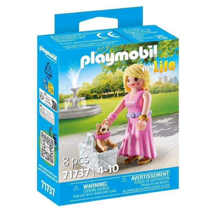 PLAYMOBIL 71737 Dame avec Chihuahua et le panier pour le transport, My Life, 8 pièces, Dès 4 ans ...
