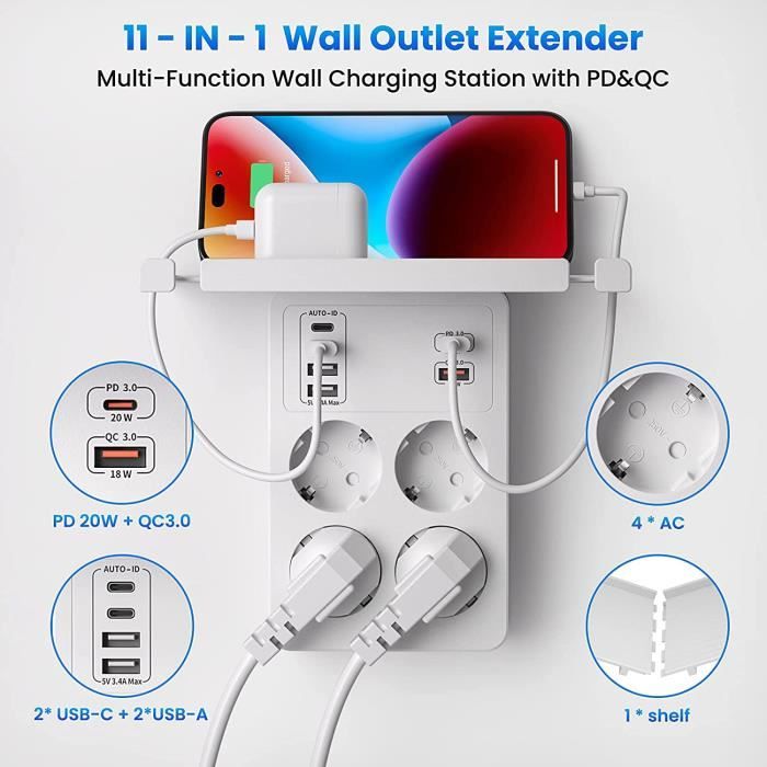Prise Multiple USB C PD20W, Multiprise Murale avec Quick Charge PD3.0 ...