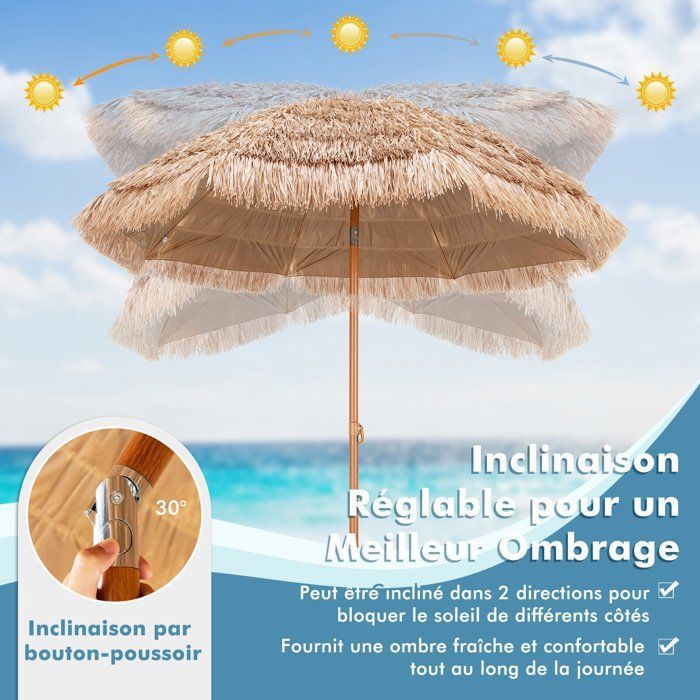 COSTWAY Parasol de Plage Inclinable Hawaïen - Ø220 x H213,5 cm - Toit ...