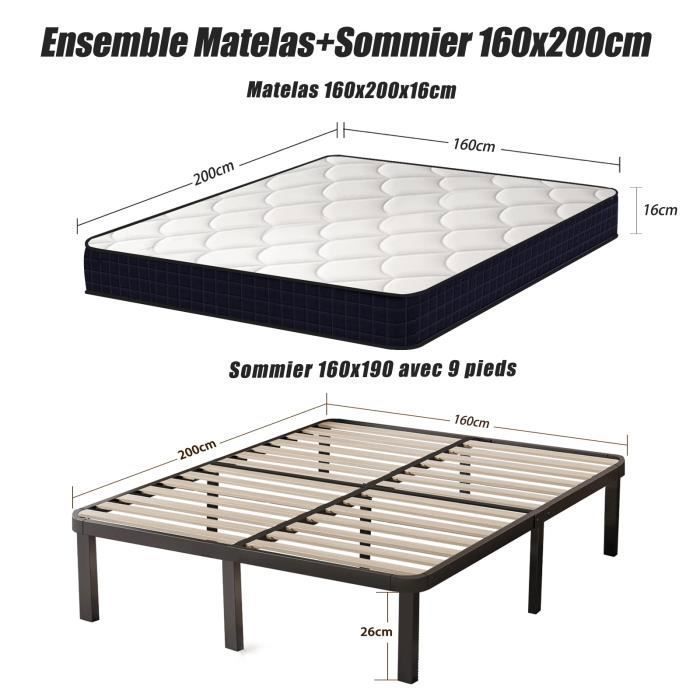 Ensemble Matelas et Sommier 160x200cm - Frixovel Lit 160x200 avec ...