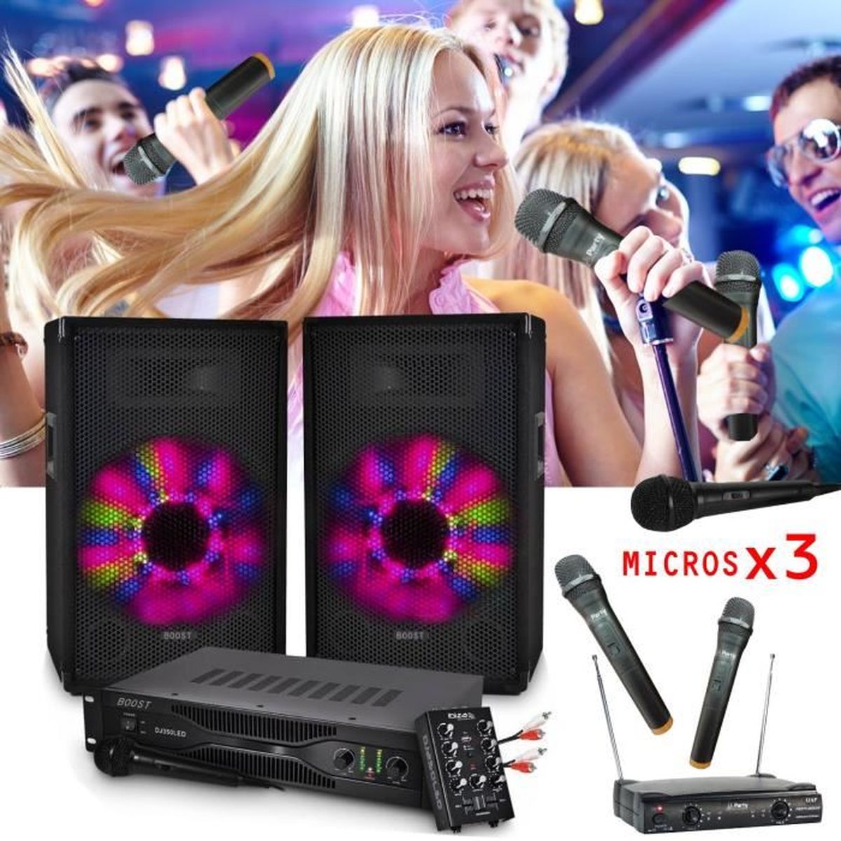 Pack Sono Karaoke Boost 500W USB / Bluetooth - Ampli - 2 Enceintes LED ...