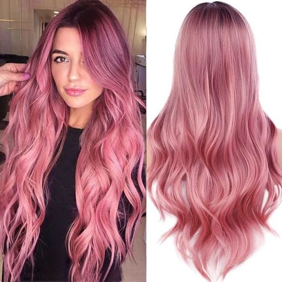 Perruque Rose Ombre Longue Ondulée Pour Femme, Cheveux Bouclés Naturels ...
