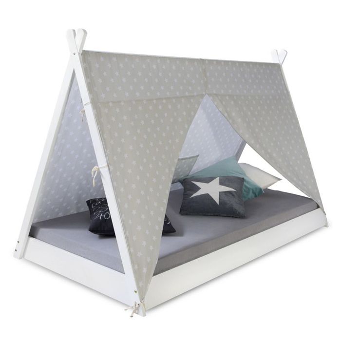 Lit tipi enfant 90x200 blanc toile grise à étoiles - Cdiscount Maison
