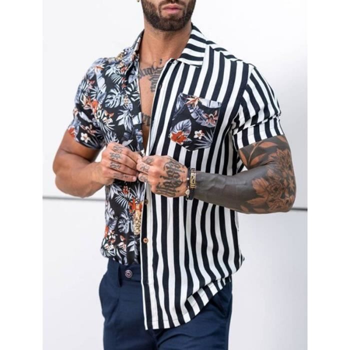 Chemise Hawaii Homme Rayure Col revers Regular Fit Manches Courtes Noir ...