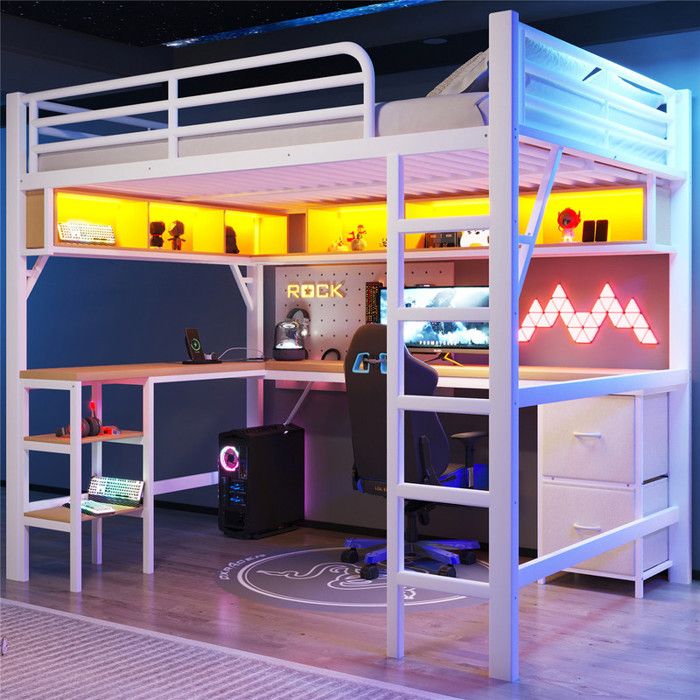 Lit Mezzanine 2 places 140x200 LED avec App, Prise et USB, Lit Gamer ...