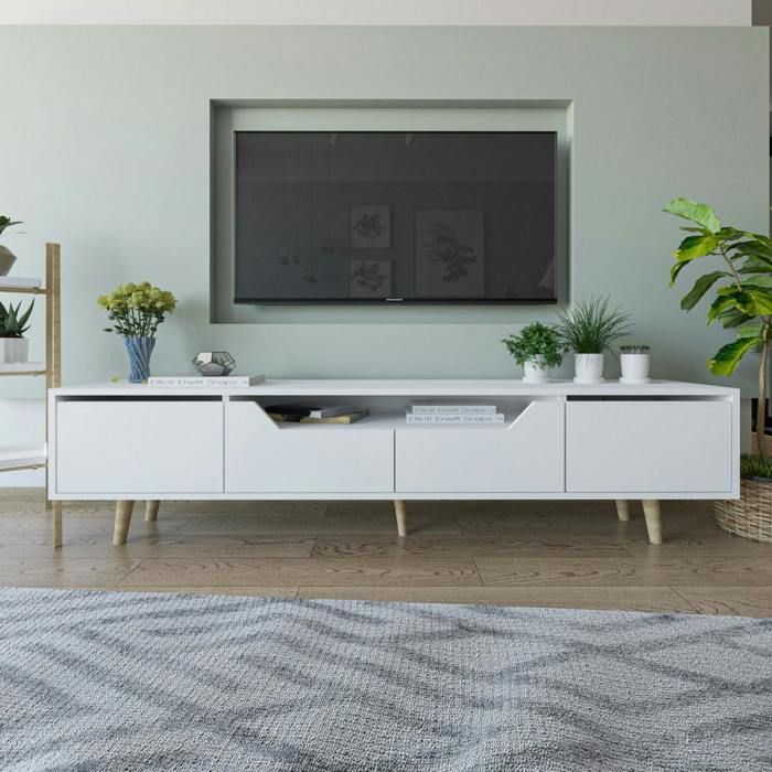 Long meuble TV blanc moderne, 4 portes 180 cm MARFA - Cdiscount Maison