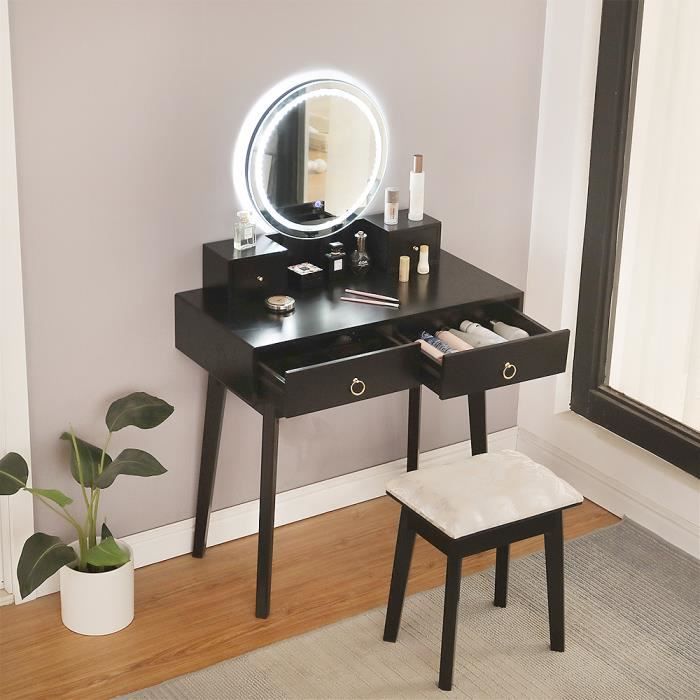 Coiffeuse élégance avec miroir - KEKEDA - led tactile - Noir L 80 x 40 ...