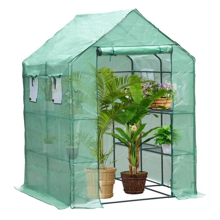 Clanmacy Serre de jardin avec etageres et bache PE renforcee 135g-m2 143x143x195cm Vert SERRE DE ...