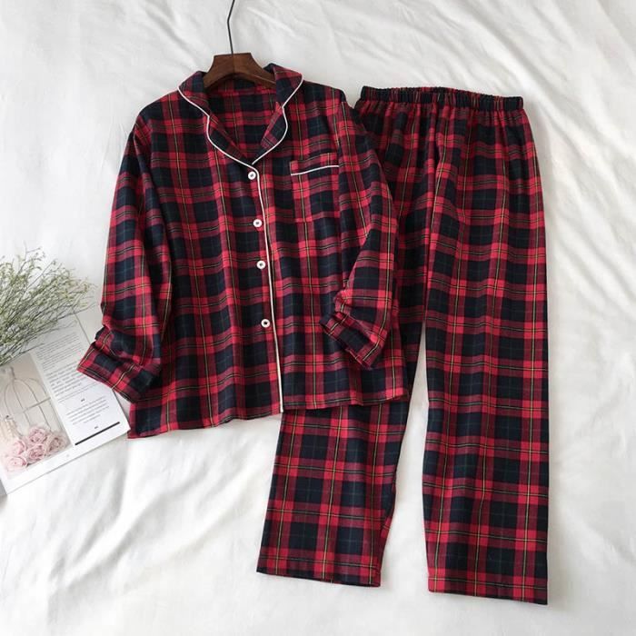 Pyjamas femmes - imprimé écossais rouge manches longues vêtements ...