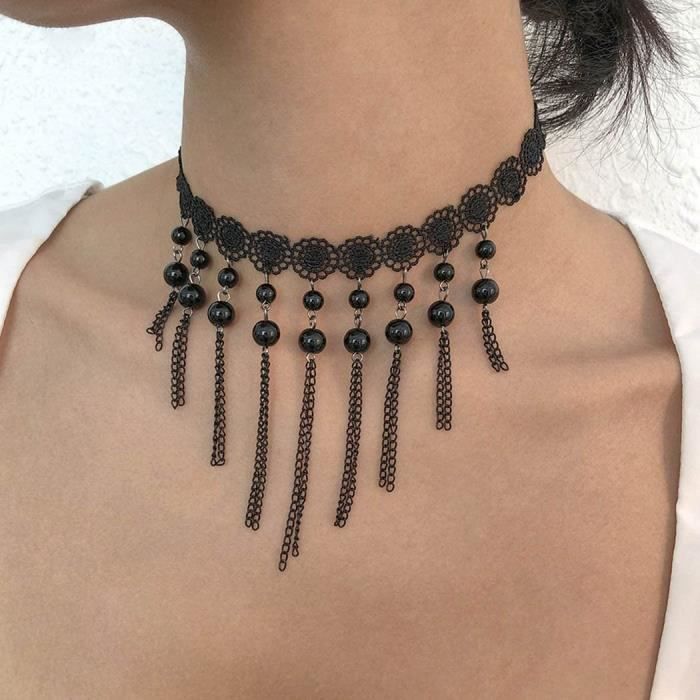 Collier ras du cou en dentelle noire perles colliers gland gothique ...