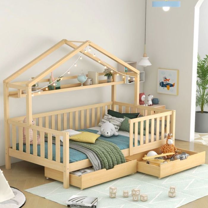 Lit maison pour enfants - DINKALLEN - 90x200 cm - Bois de pin - Tiroirs ...