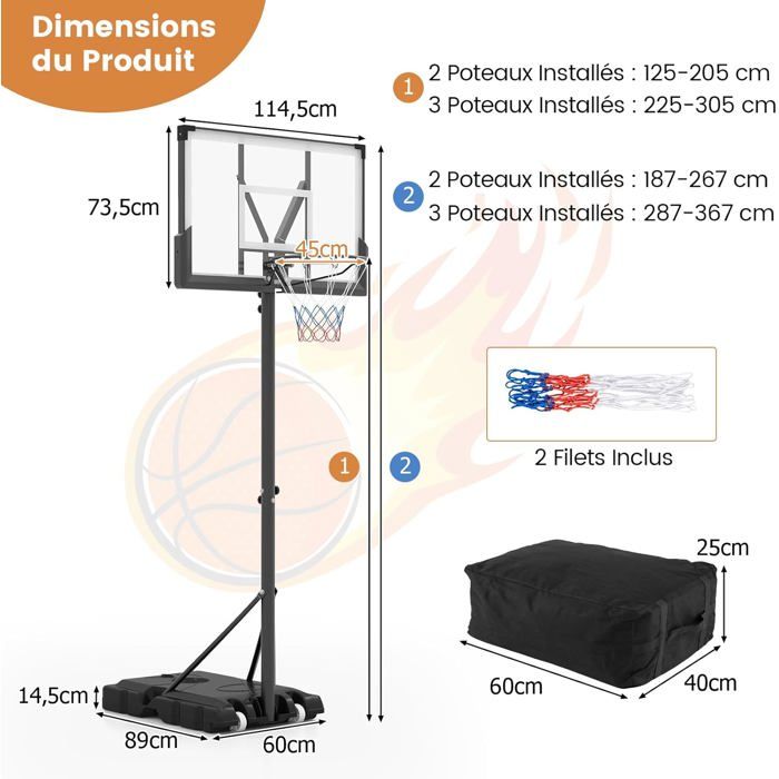 GIANTEX Panier de Basket Portable avec Hauteur Réglable 125-305 cm ...