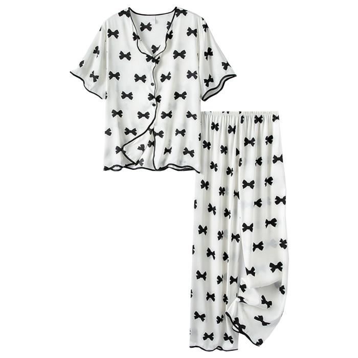 Womens Fashion Bow Print Home Wear Pyjamas Deux pièces Costume Pantalon ...