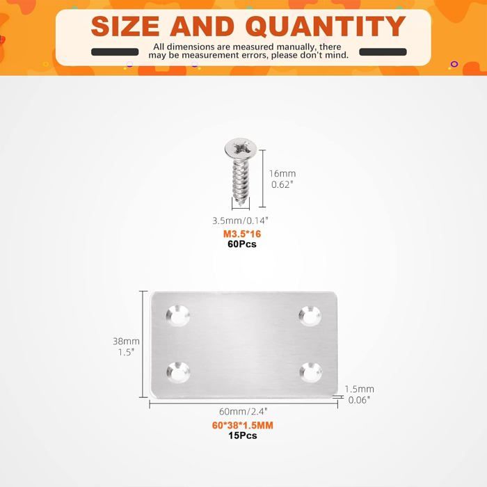 15 plaques de fixation plates et droites en métal de 60 x 38 mm avec ...