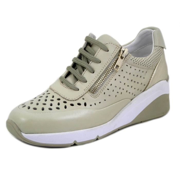 Chaussure pour femme en cuir beige, semelle amovible, lacets et zip ...
