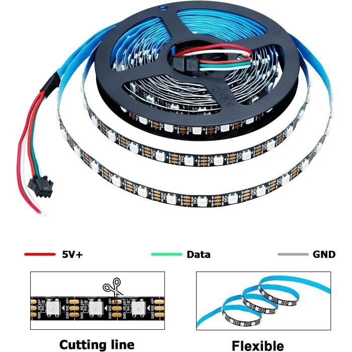 Dc 5V Ws2812B Bande Led Adressable Individuellement 5M 300Led 5050Smd Flexible Noir Pcb Rvb ...