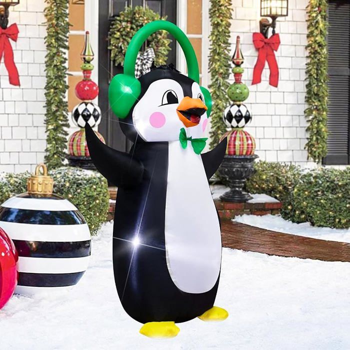 Pingouin gonflable de Noël de 4 pieds : écouteurs gonflables verts de Noël avec lumières LED ...