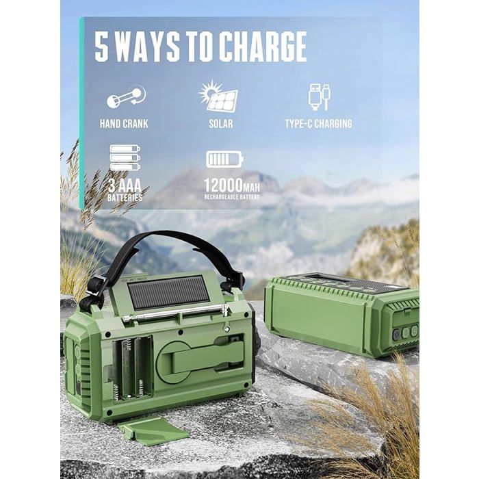 Radio Solaire FM/AM Portable avec 12000mAh Batterie Rechargeable Radio ...