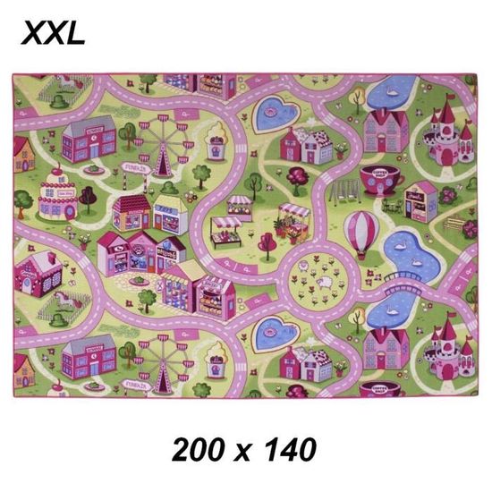 XXL Tapis de route 200 x 140 cm ville voiture enfant Circuit Jeu Rose ...
