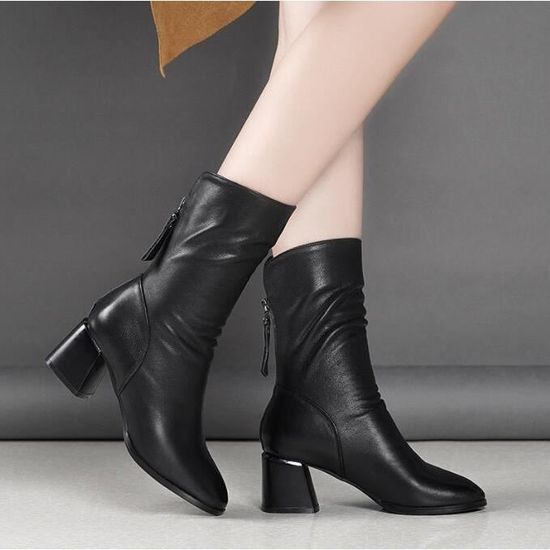 Bottes Hautes en cuir Noir - Femme Noir - Cdiscount Chaussures