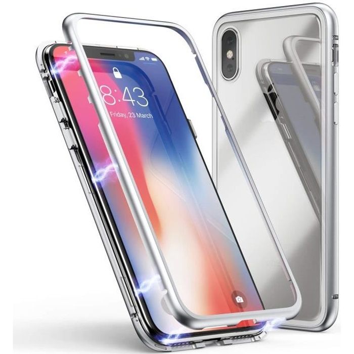 Coque intégrale iPhone X - Antichoc - Magnétique - Métal + Verre Trempé ...