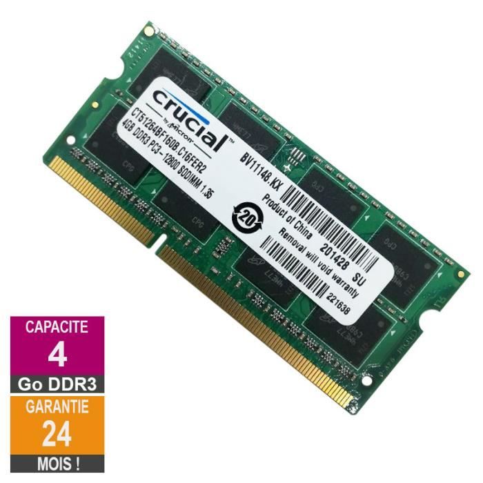 Barrette Mémoire 4Go RAM DDR3 Crucial CT51264BF160B.C16FER2 SO-DIMM PC3-12800S - Cdiscount ...