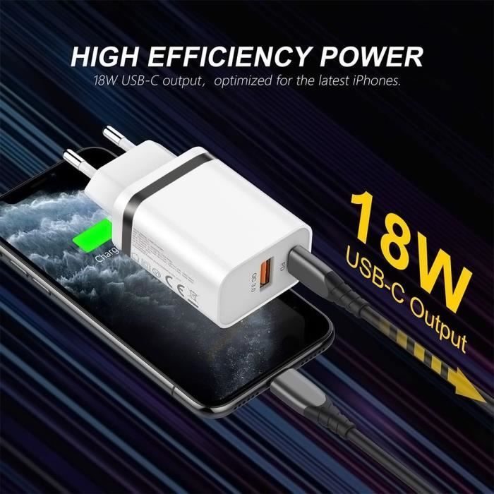 Chargeur Rapide 2-Port - E.F.Connection - PD + QC 3.0 - Câble USB-C 1M ...