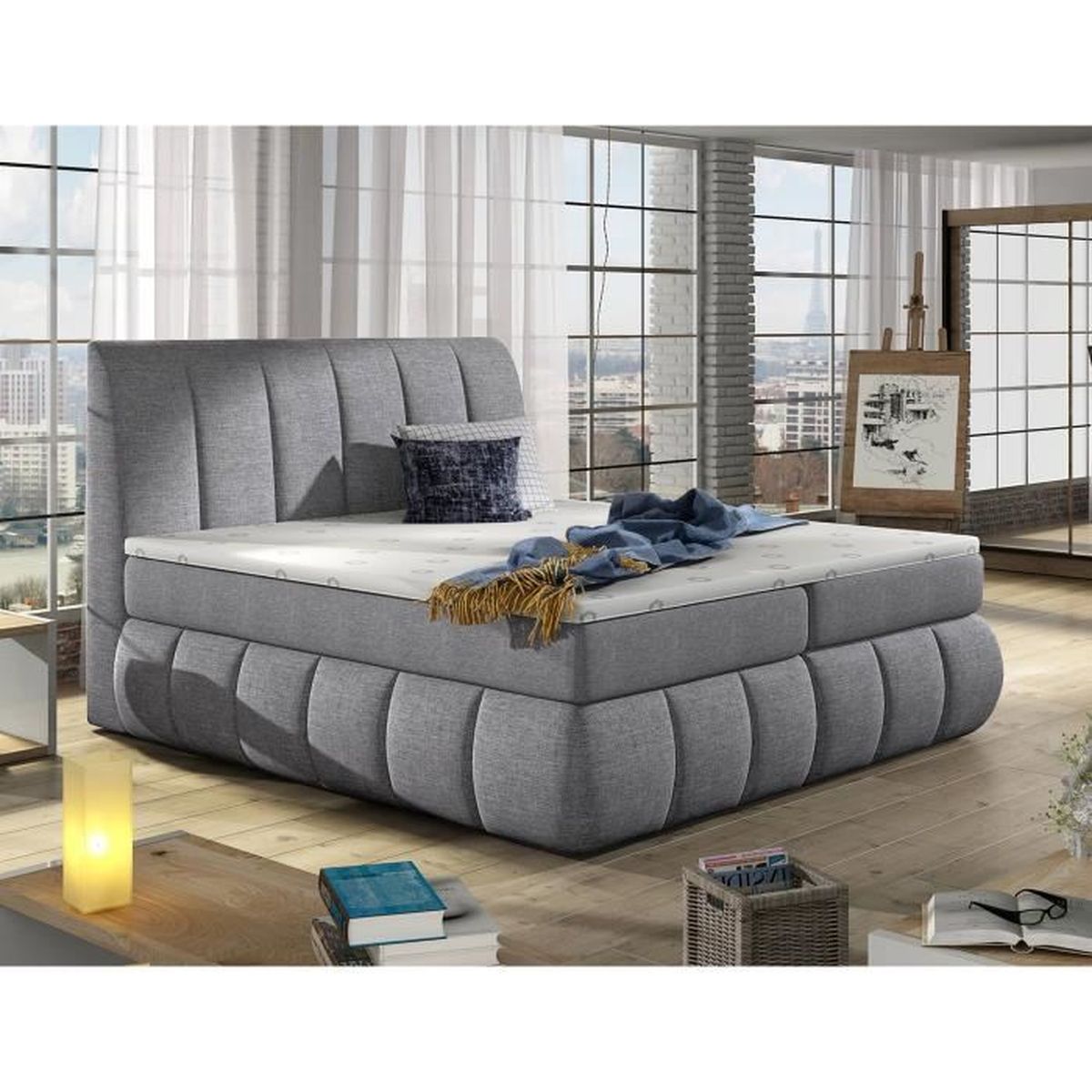 Lit boxspring 180x200 avec coffre de rangement en tissu gris - VALERIA ...