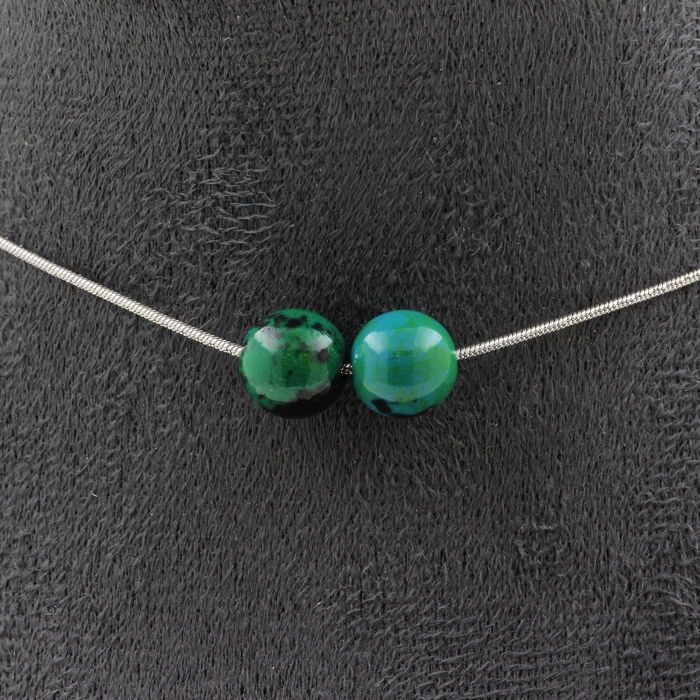 Pierres et Minéraux. Collier 2 perles Chrysocolle Teintée 8 mm. Chaine ...