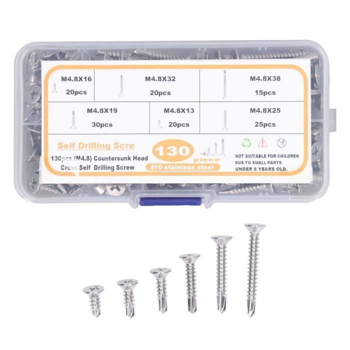 Cikonielf vis cruciformes à tête plate Lot de 130 vis autoperceuses M4.8, kit d'assortiment de ...