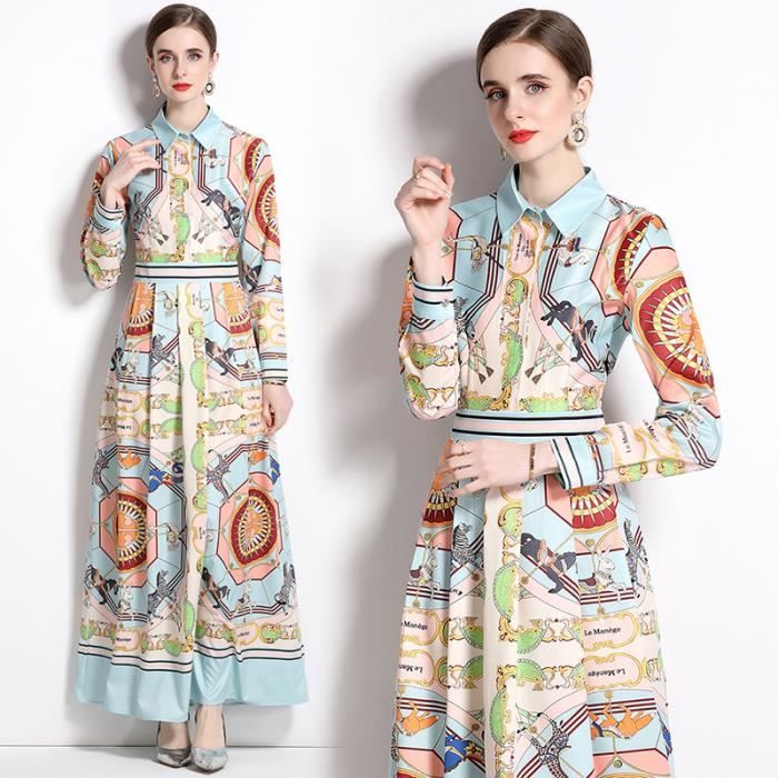 Robe,Robe maxi vintage à imprimé floral pour femmes,col à manches ...