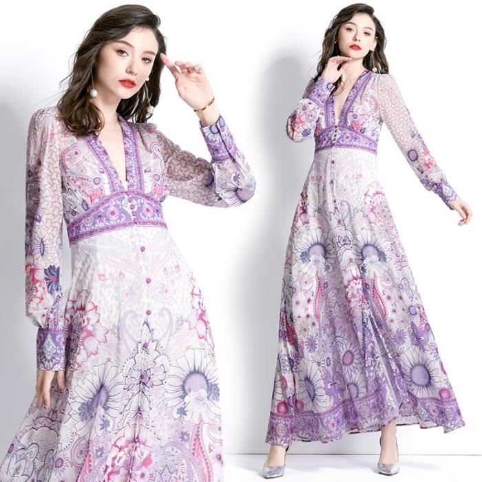 Robe Maxi à imprimé Floral Vintage pour femmes - KL6973Purple Blanc ...