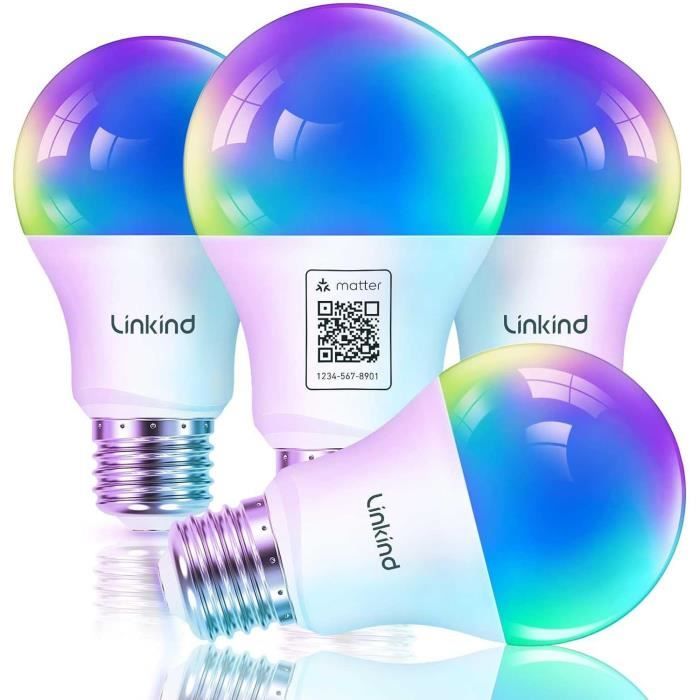 Linkind Ampoule Connectée Matter, Ampoule LED E27 Wifi Intelligente, Multicouleurs RGB 1800K ...