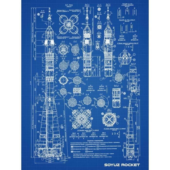Soyuz Rocket Ussr Soviet Space Blueprint Plan Large Wall Art Poster ...