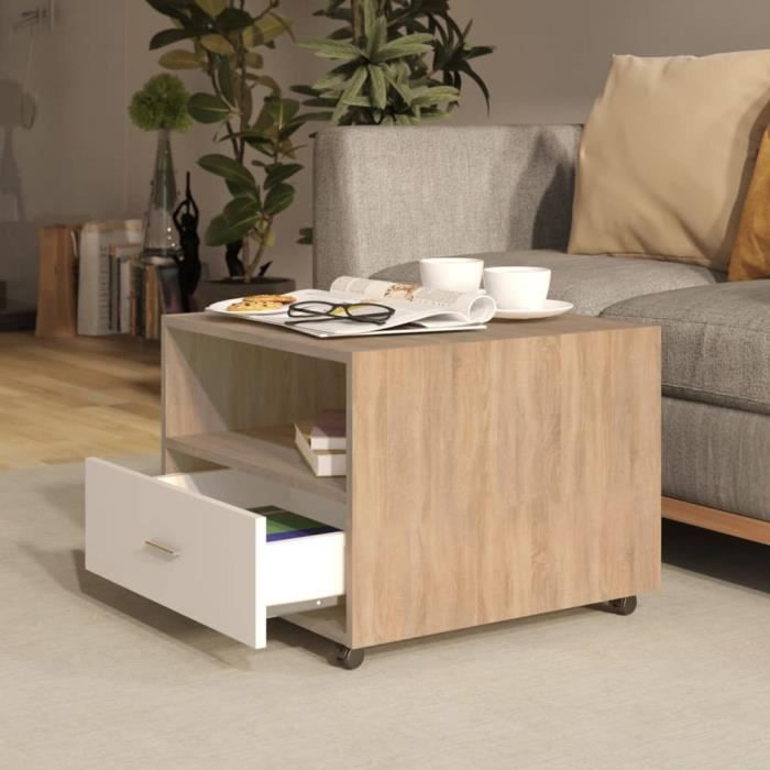 ZHUO Table basse Blanc et chêne sonoma 55x55x40 cm Bois d'ingénierie ...