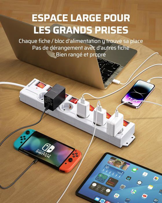 Multiprise 6 Prises avec 7 Interrupteurs Individuel,3680W Max,Montage ...