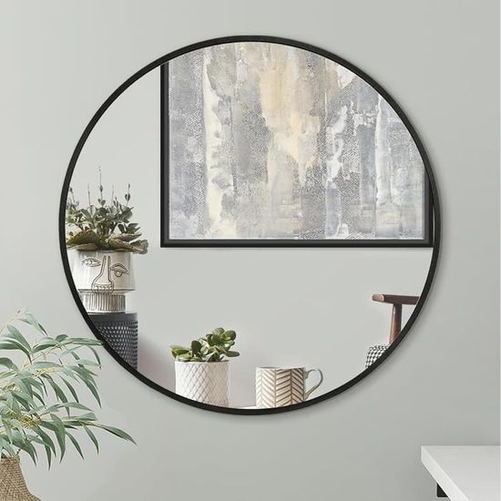 Grand Miroir Rond Mural Noir Encadré de 81 cm - Décoration Murale pour ...