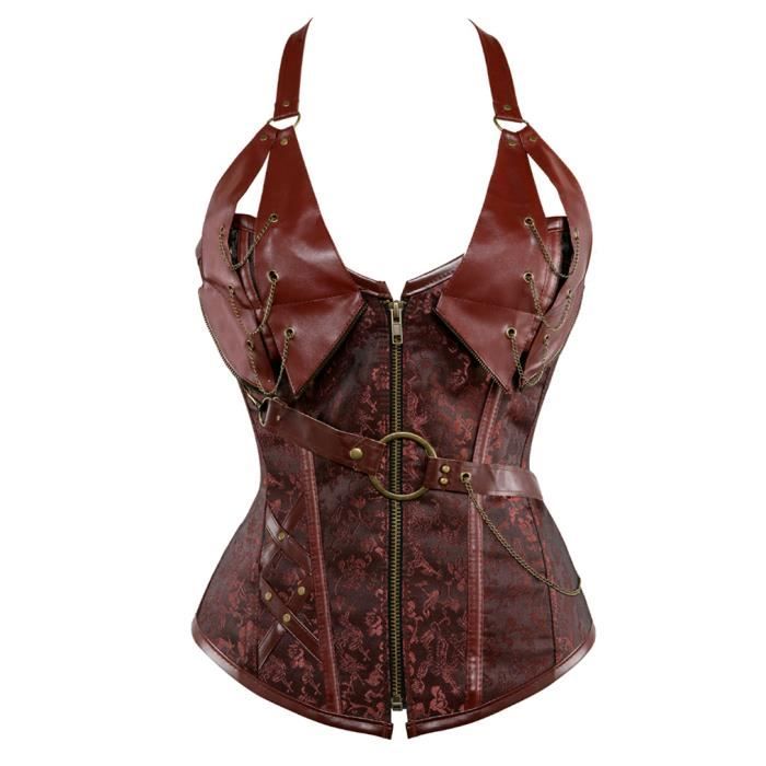 Corset Steampunk Médiéval en Cuir pour Femme,Fermeture Éclair,Style Punk,Spirale en Acier,Sophia ...